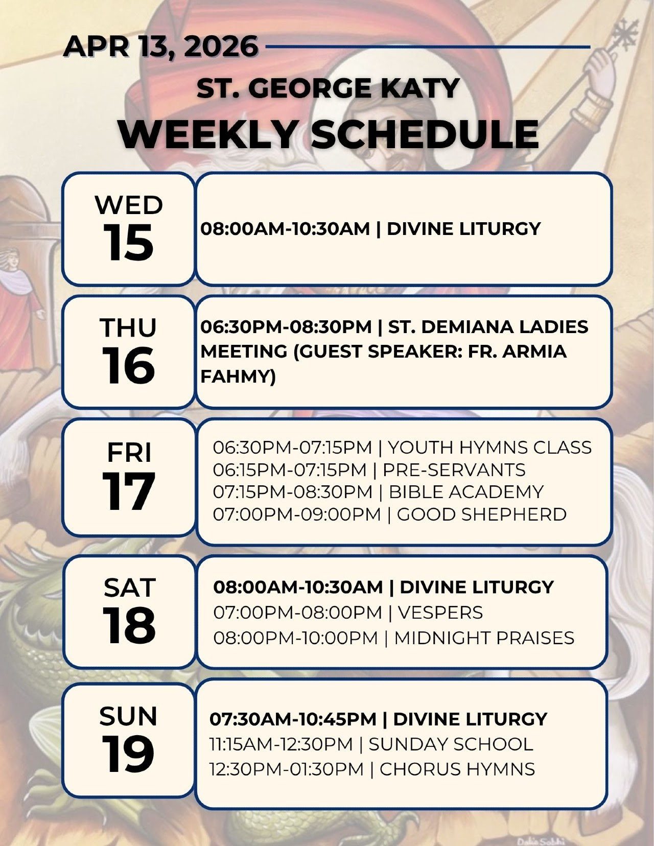 Schedule – St. George Coptic Orthodox Church of Katy, TX